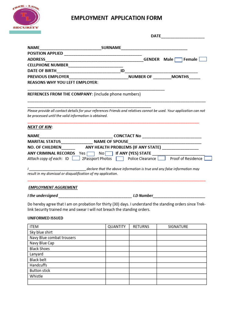 Treklink Security Application Form . | PDF