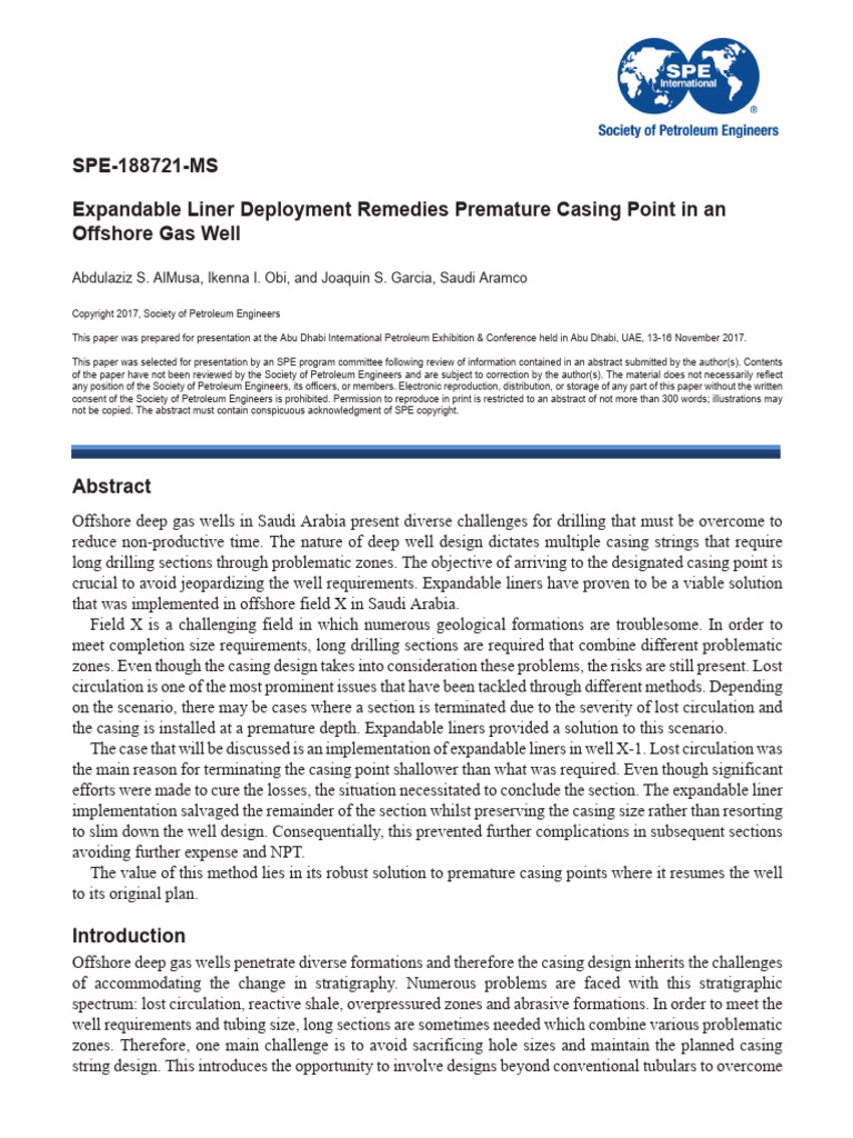 Expandable Liners for Offshore Gas Wells | PDF | Casing (Borehole ...