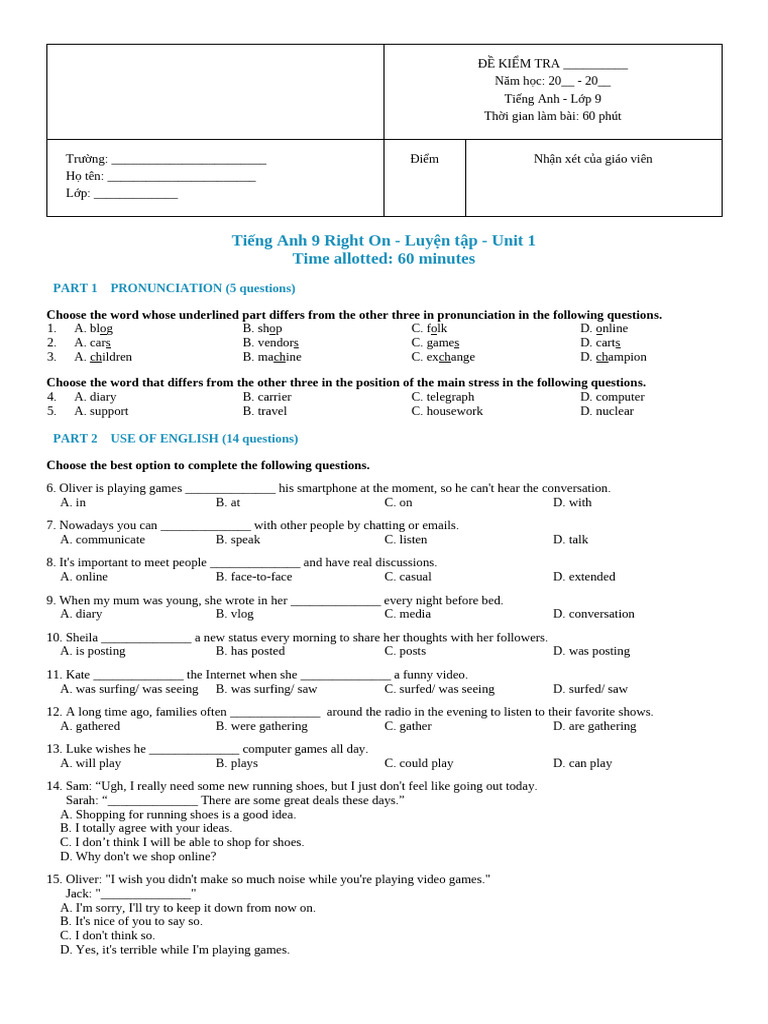 English 9 Right On Test Paper | PDF