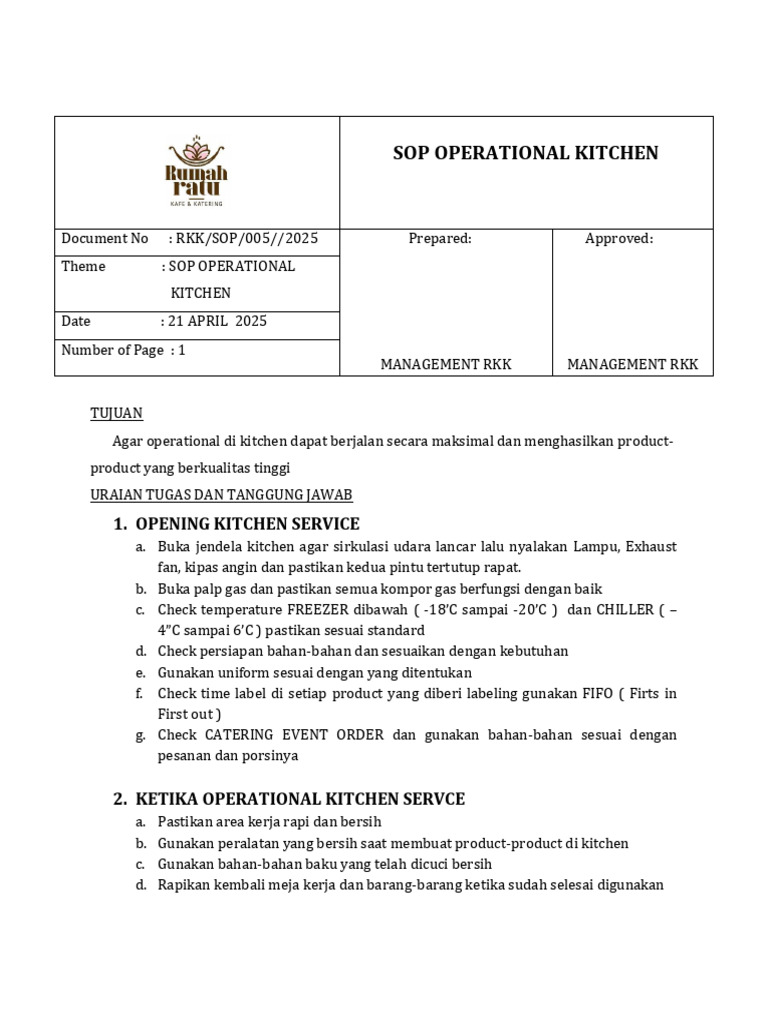 SOP Operasional Dapur RKK 2025 | PDF