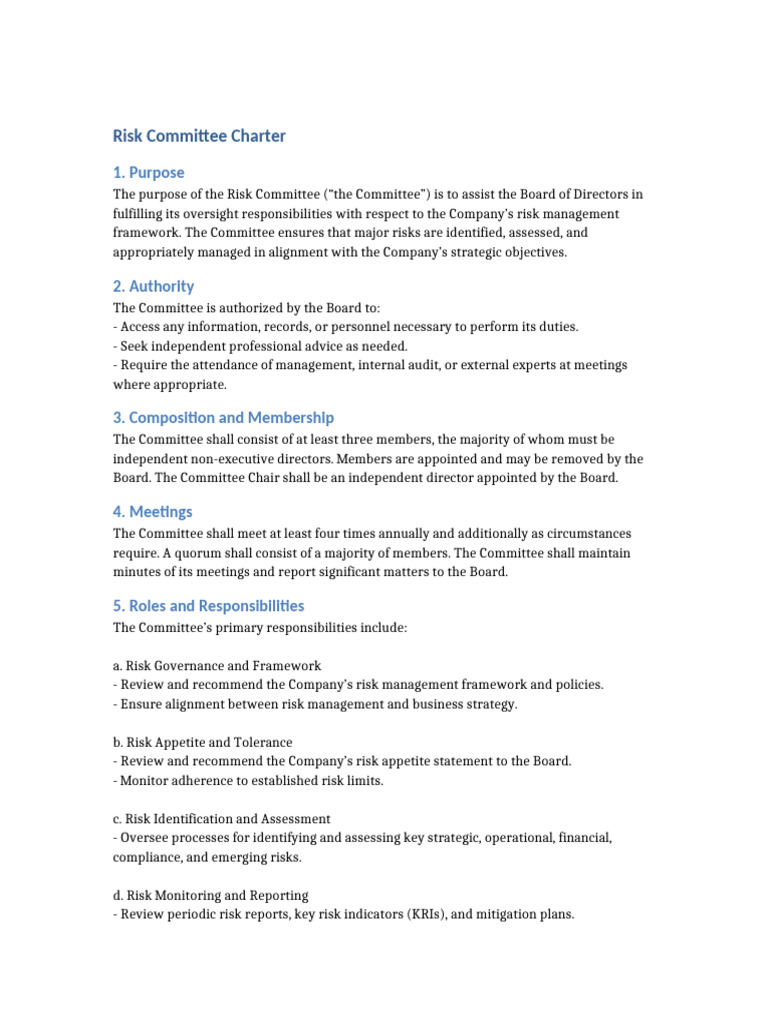 Risk Committee Charter Overview | PDF | Internal Audit | Risk