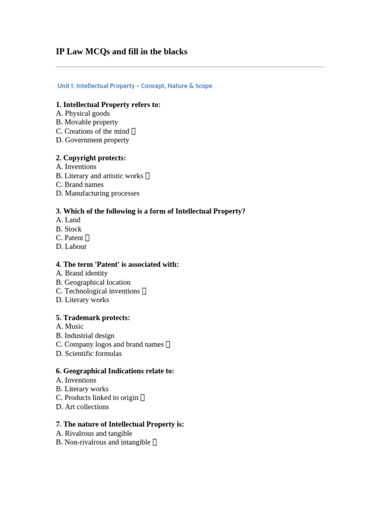 IP Law MCQs and Fill-in-the-Blanks Guide | PDF | Intellectual Property ...