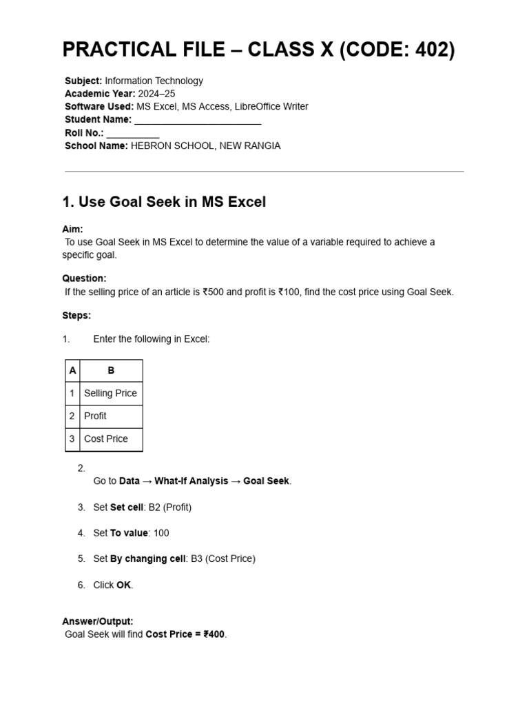 Class X IT Practical File Guide | PDF | Microsoft Access | Microsoft Excel