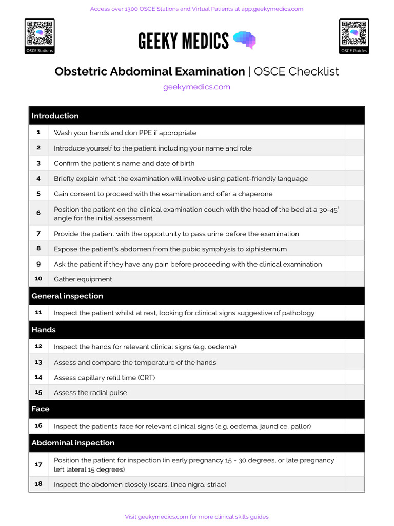 Obstetric Abdominal Examination OSCE Checklist Geeky Medics | PDF ...