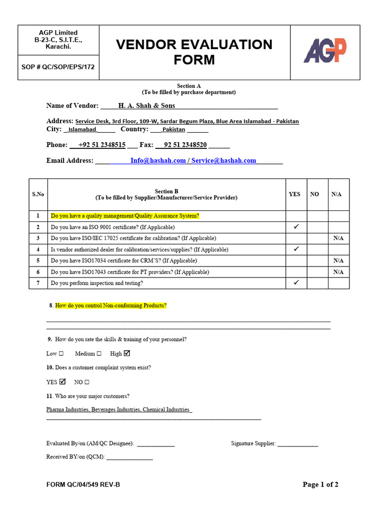 Vendor Evaluation Form QC-04-549 REV-B | PDF | Business