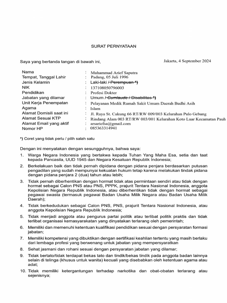 Surat Pernyataan Arief Saputra Privy - 05!09!2024 - 17.53 | PDF
