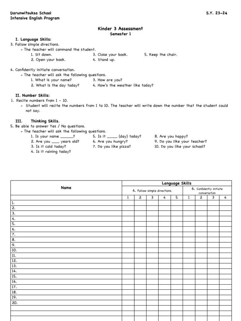 Kinder 3 Assessment Term 1 | PDF