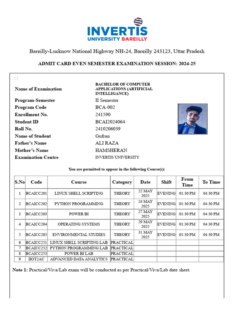 BCA II Semester Exam Admit Card 2025 | PDF | Computing