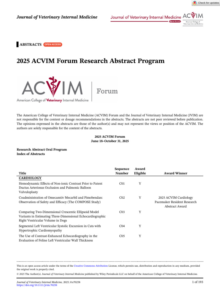 Veterinary Internal Medicine - 2025 - 2025 ACVIM Forum Research ...