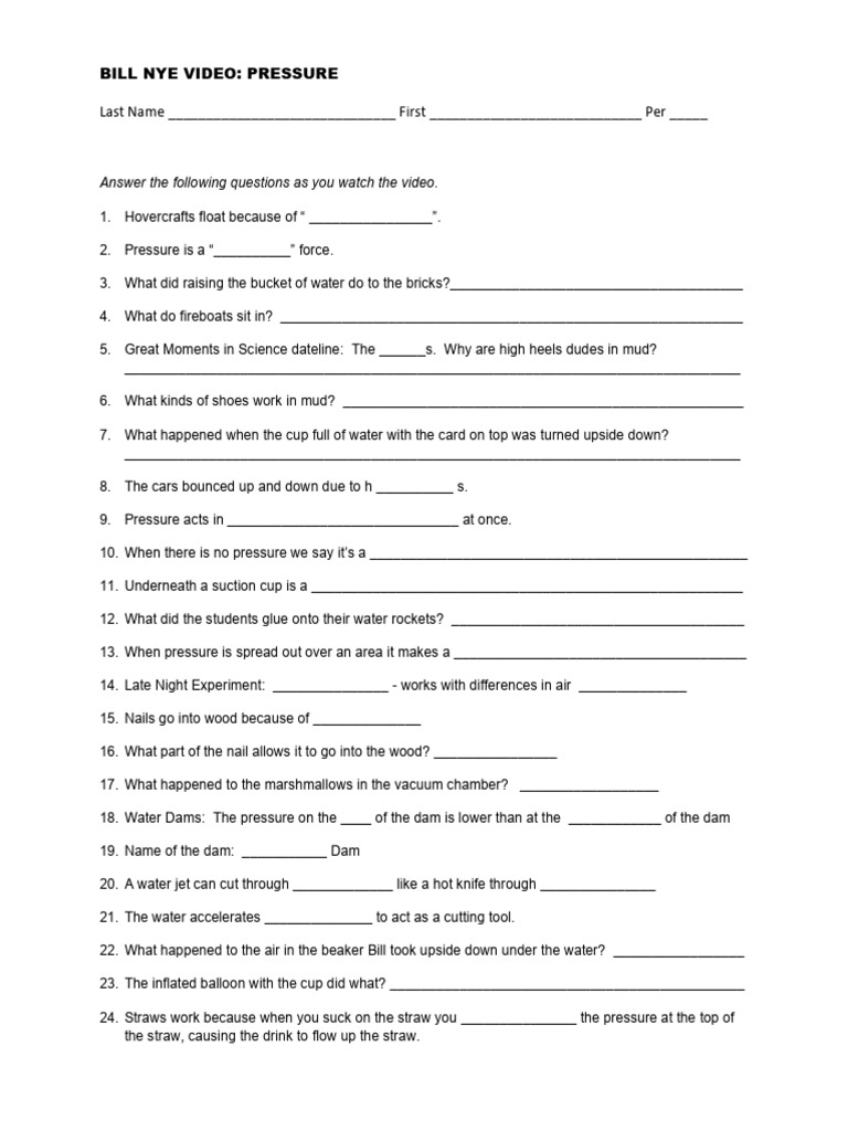 Bill Nye Pressure Worksheet | PDF