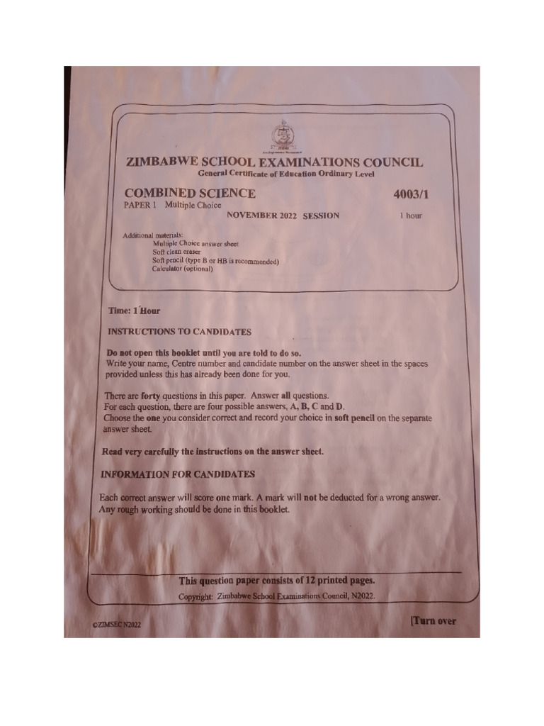 Combined Science 2022 Paper 1 | PDF