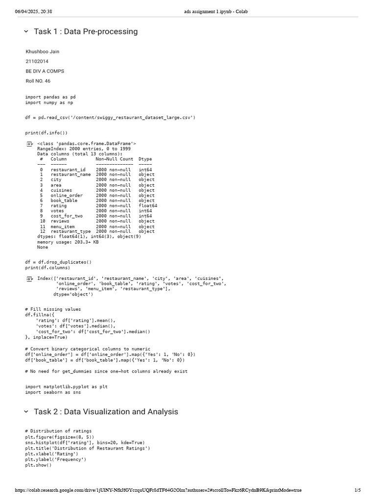 46 - Ads Assignment 1.ipynb - Colab | PDF | Statistical Analysis ...
