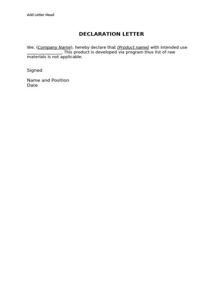 Product Declaration Letter Template | PDF
