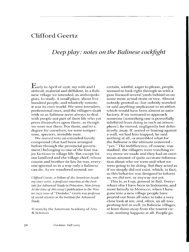 Clifford Geertz - Deep Play - Notes On The Balinese Cockfight | PDF ...