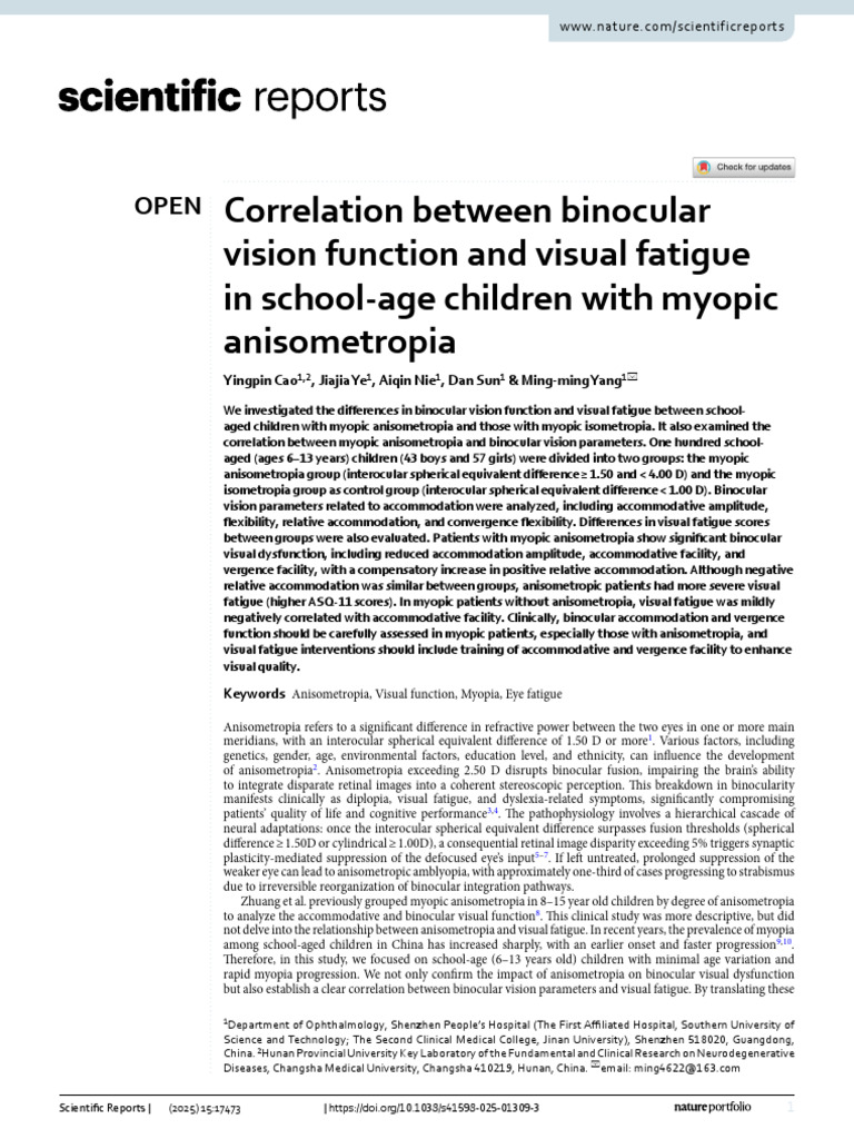 Binocular Vision and Visual Fatigue in Myopic Anisometropia | PDF ...