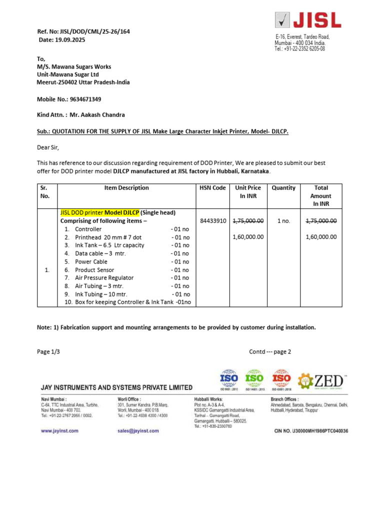 Quotation - Mawana Sugar DOD Printer DJLCP With 7 Dot Single Head | PDF | Printer (Computing ...