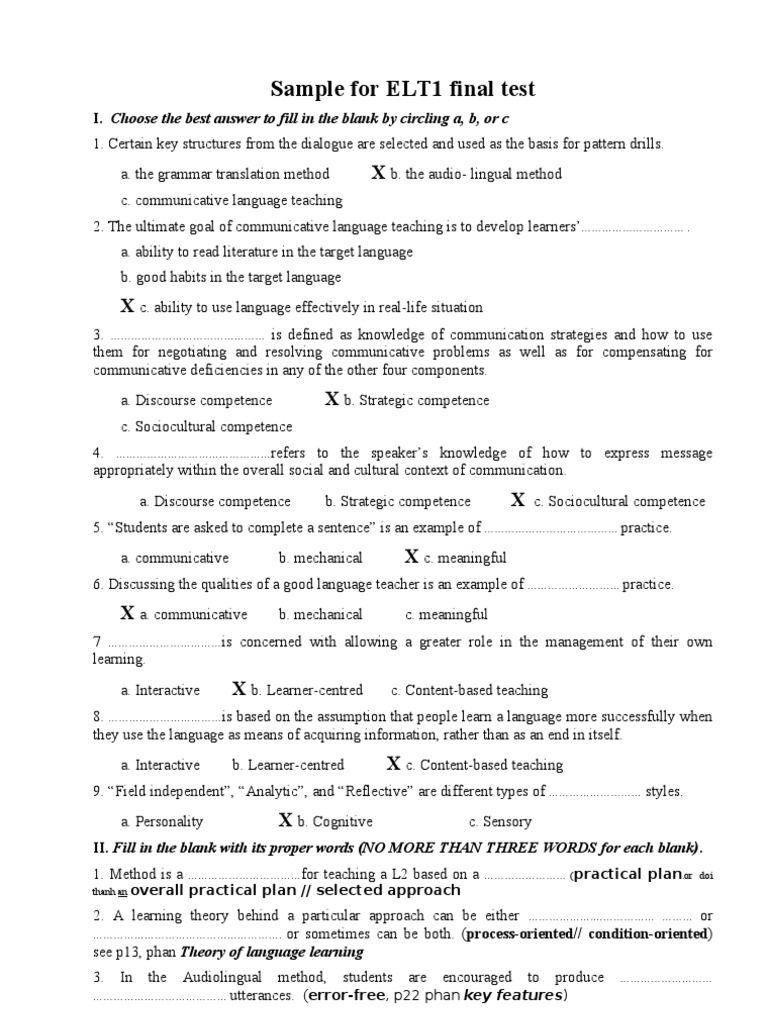 ELT1 Final Test Sample Questions | PDF | Language Education | Second ...