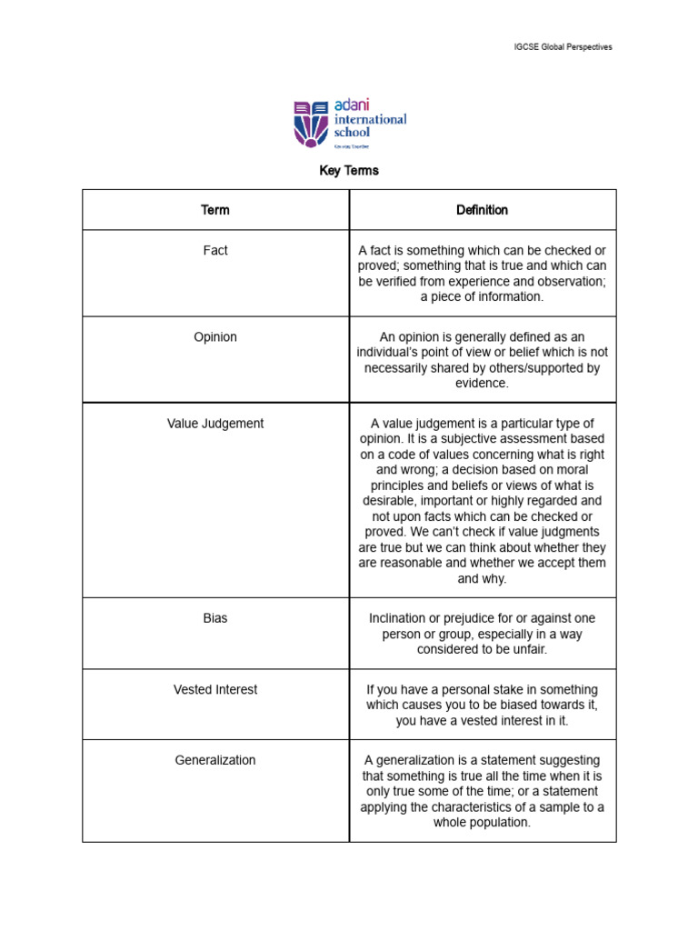 IGCSE GP Key Terms | PDF | Evidence | Reason