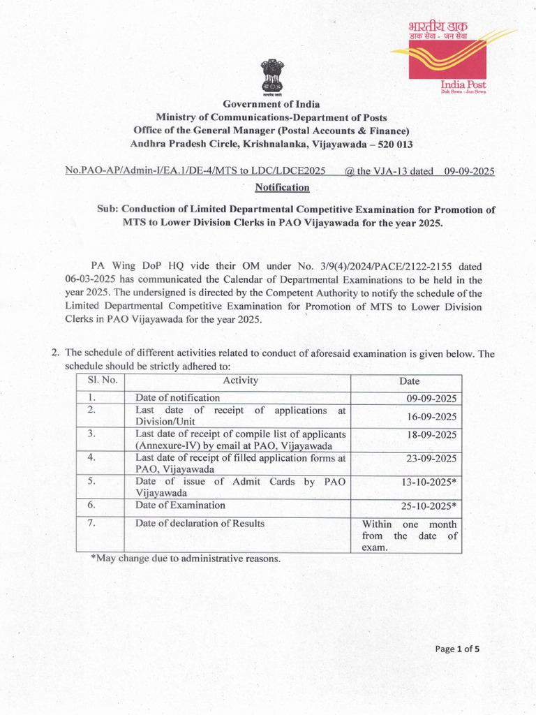Notification of LDCE For MTS To LDC in PAO 2025 | PDF