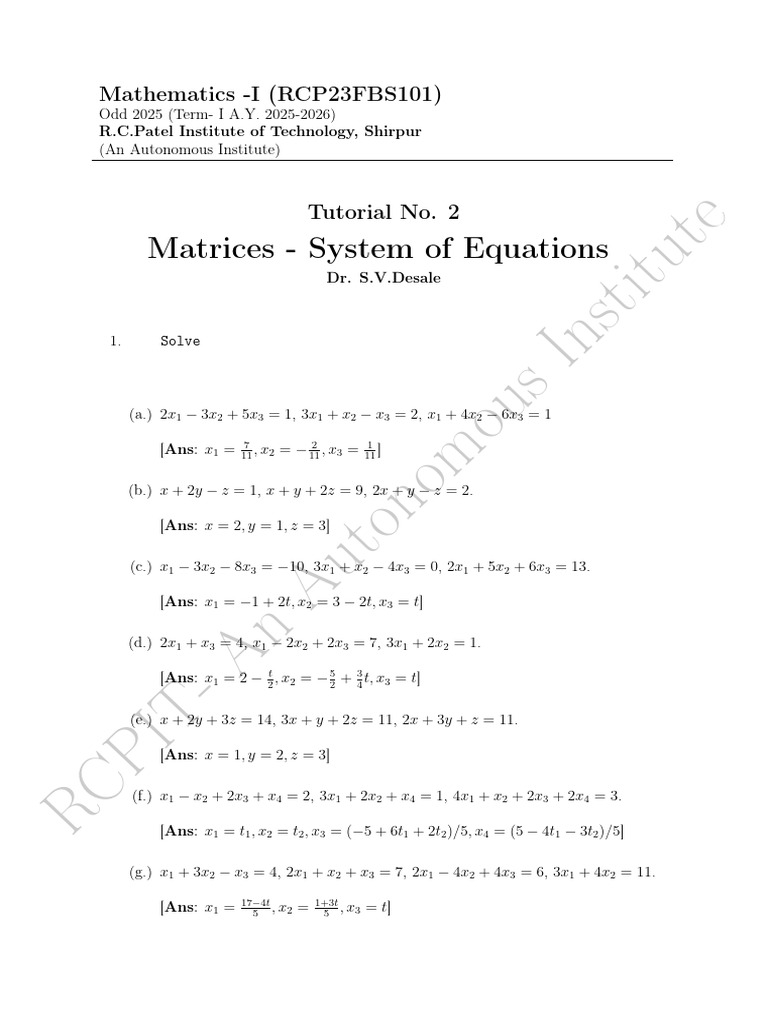 Tutorial No 2 Matrices System of Equations 2025 26 | PDF | Mathematics | Mathematical Objects