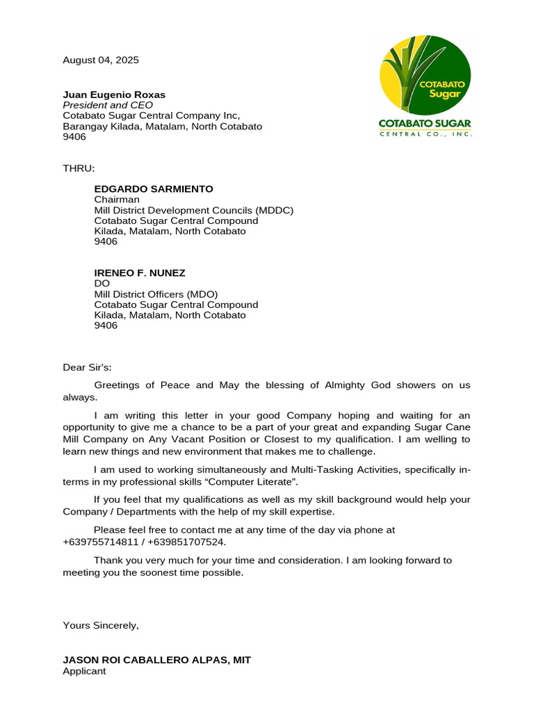 Application Letter - Jason Roi Alpas - Gwapo | PDF