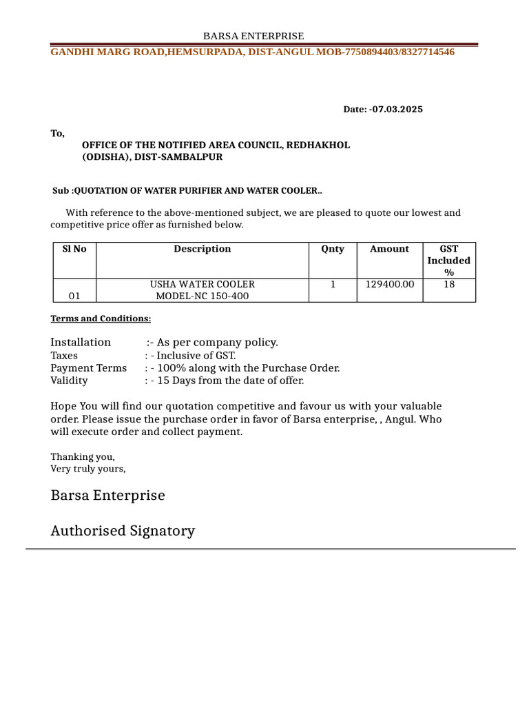 Water Cooler and Purifier Quotation | PDF