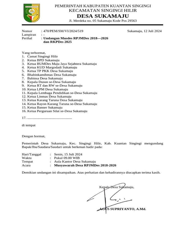 Undangan Musdes RPJMDes Sukamaju 2024 | PDF