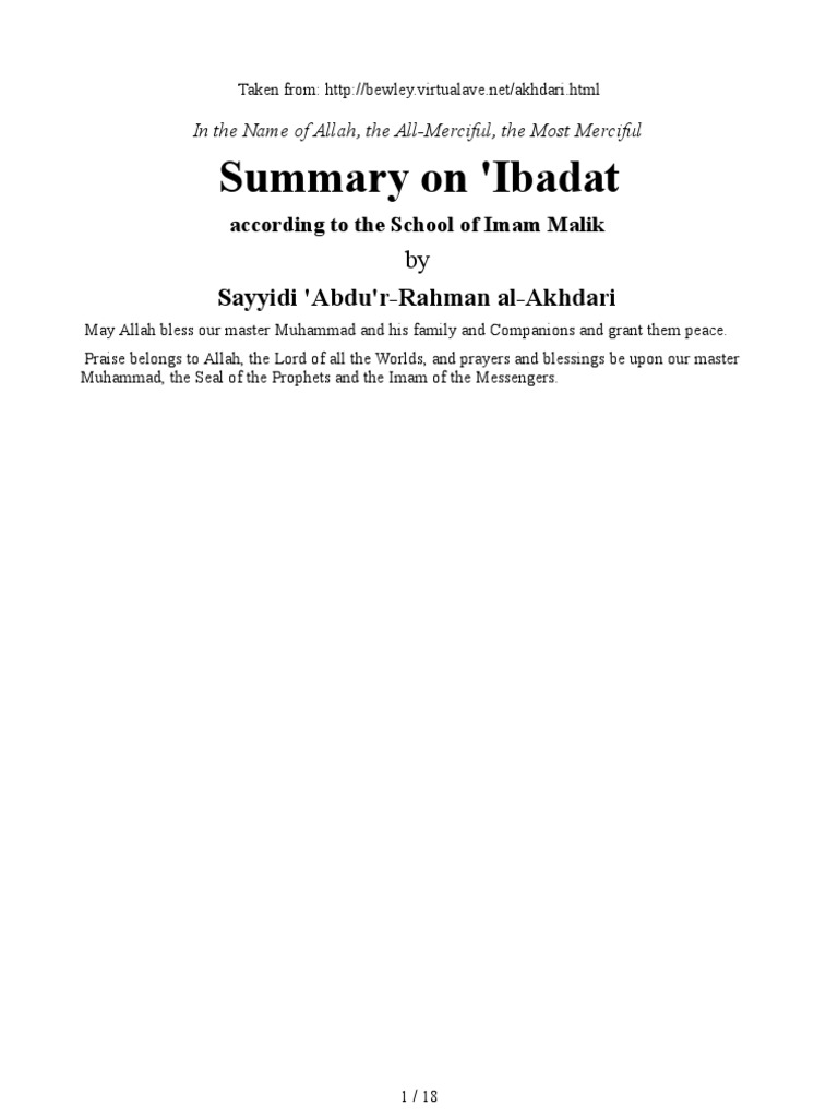 Mukhtasar Al-Akhdari: Ibadat Overview | PDF