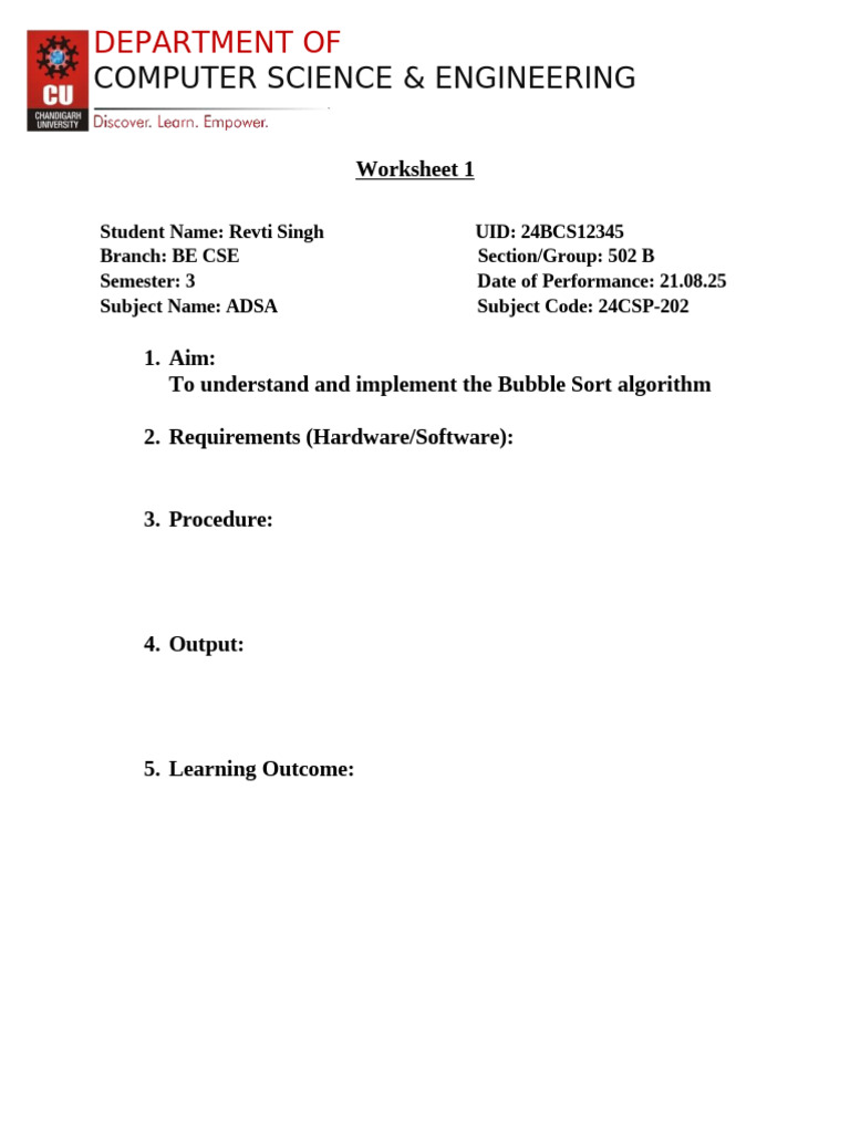 Bubble Sort Algorithm Worksheet | PDF