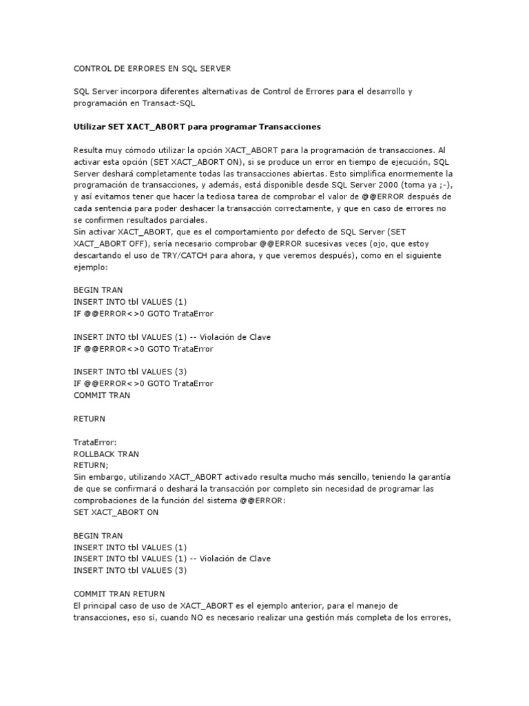 Control De Errores En Sql Server Pdf Servidor Sql De Microsoft Programación De Computadoras
