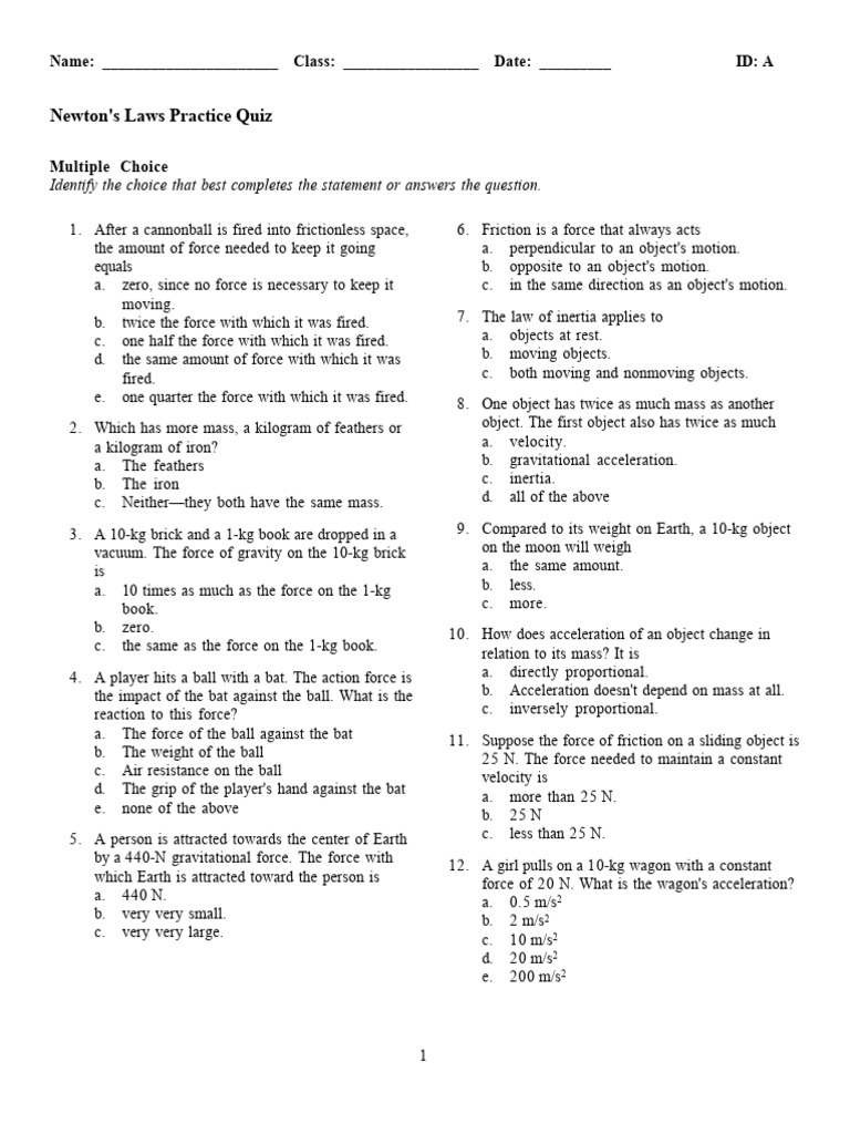 Newton's Laws Quiz for Students | PDF | Force | Mass