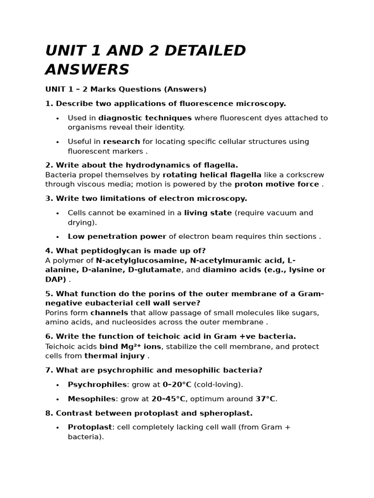 Unit 1 and 2 Detailed Answers | PDF | Gram Positive Bacteria | Microbiology
