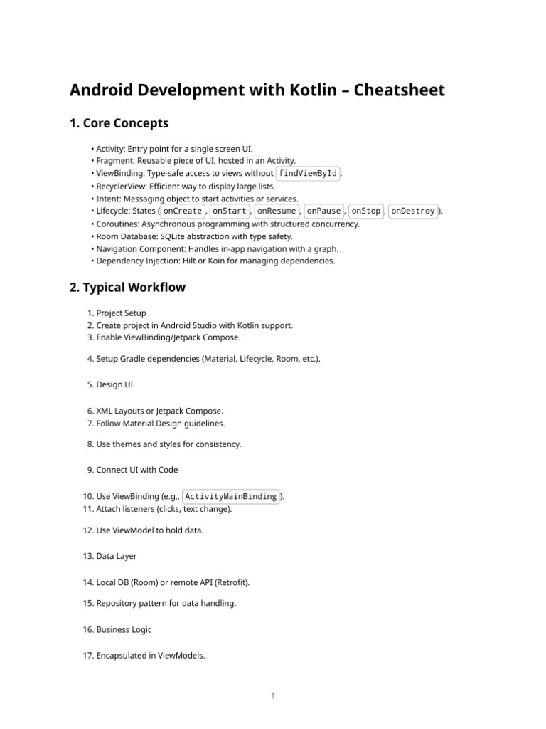 Android Kotlin Cheatsheet | PDF | Databases | Android (Operating System)