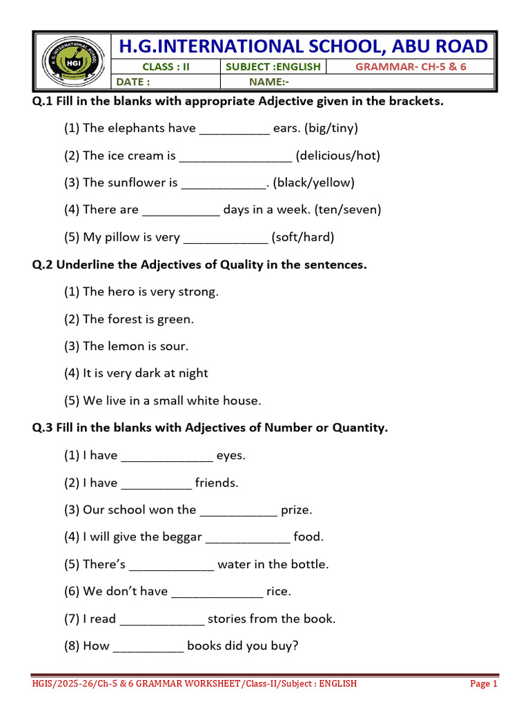 Class II English Grammar Worksheet | PDF