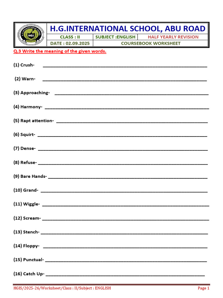 English Worksheet (Class-2) 02.09.25 | PDF