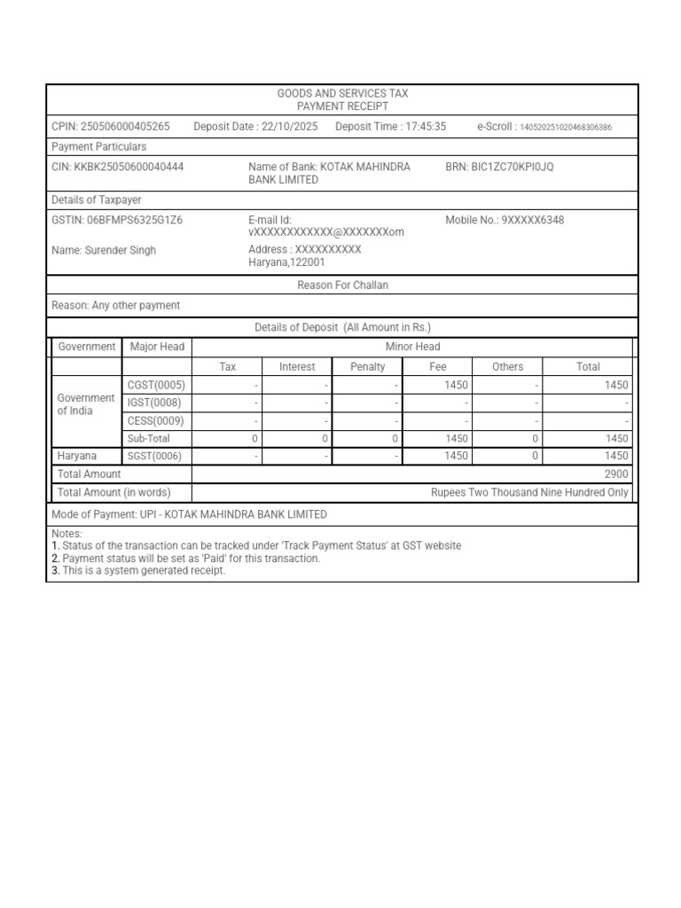 GST Payment Receipt for Surender Singh | PDF