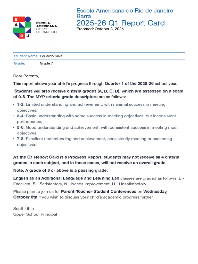2025-26 Q1 Report Card Grade 7 Silva Eduardo | PDF | Well Being | Cognition