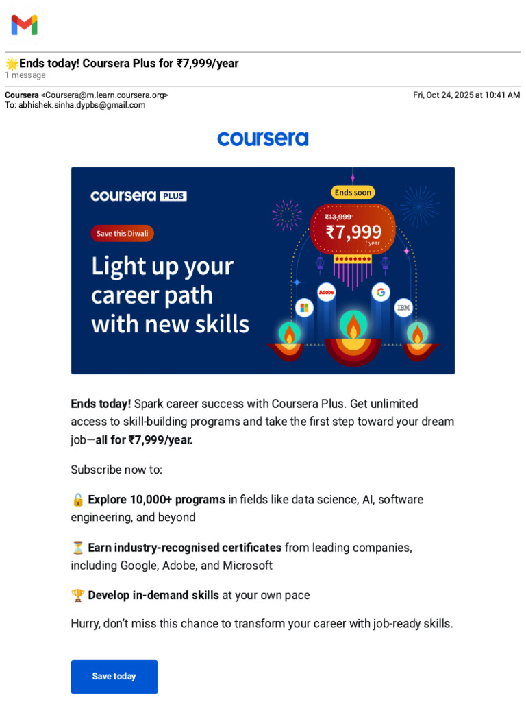 Gmail - ?ends Today! Coursera Plus For 7,999 - Year | PDF