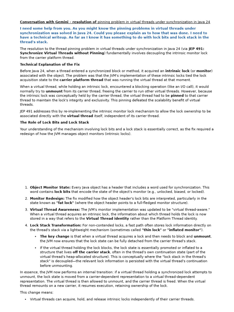 Conversation With Gemini - Resolution - Pinning - Virtual Threads - Java 24 | PDF | Java ...