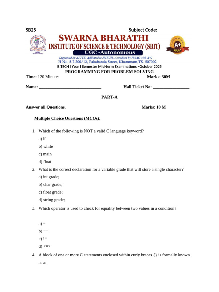 PPS MID I Question Paper Final | PDF | Computer Program | Programming