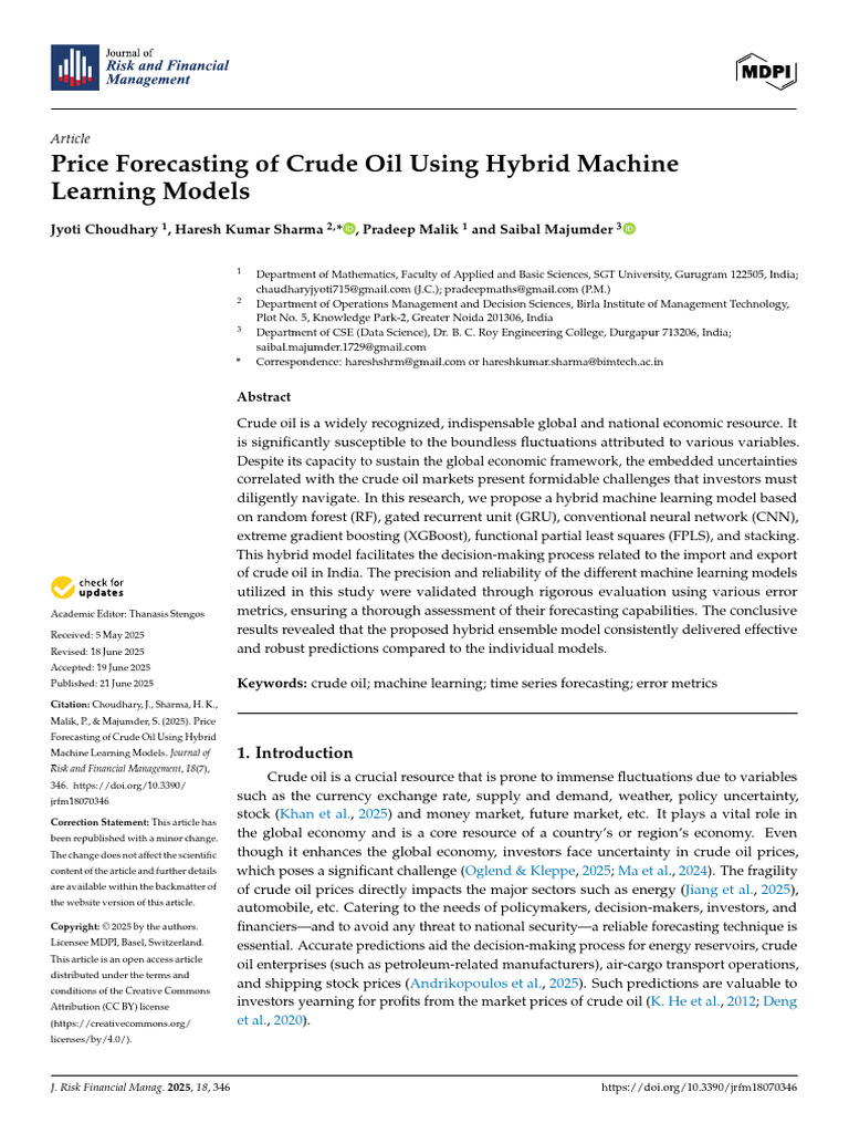 Price Forecasting of Crude Oil Using Hybrid Machin | PDF | Forecasting | Algorithms
