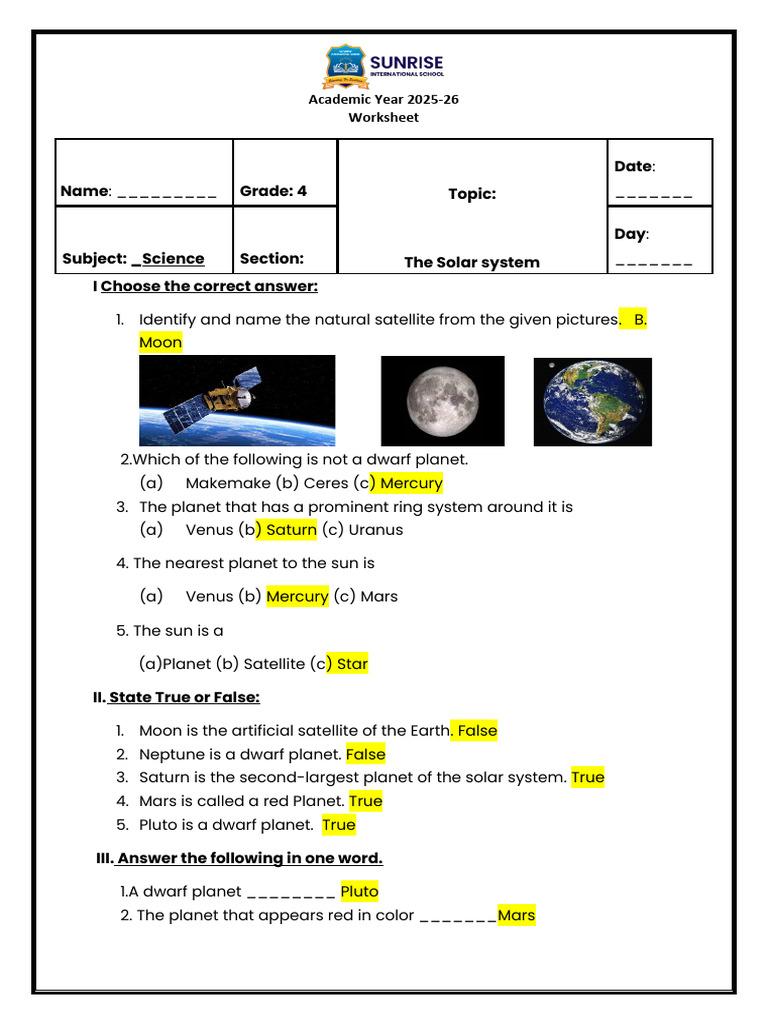 Solar System - AK Worksheet | PDF
