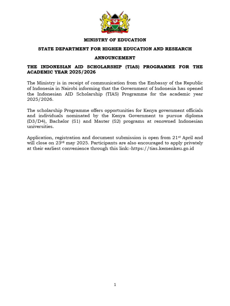 The Indonesian Aid Scholarship Tias Programme For The Academic Year 2025-2026 | PDF