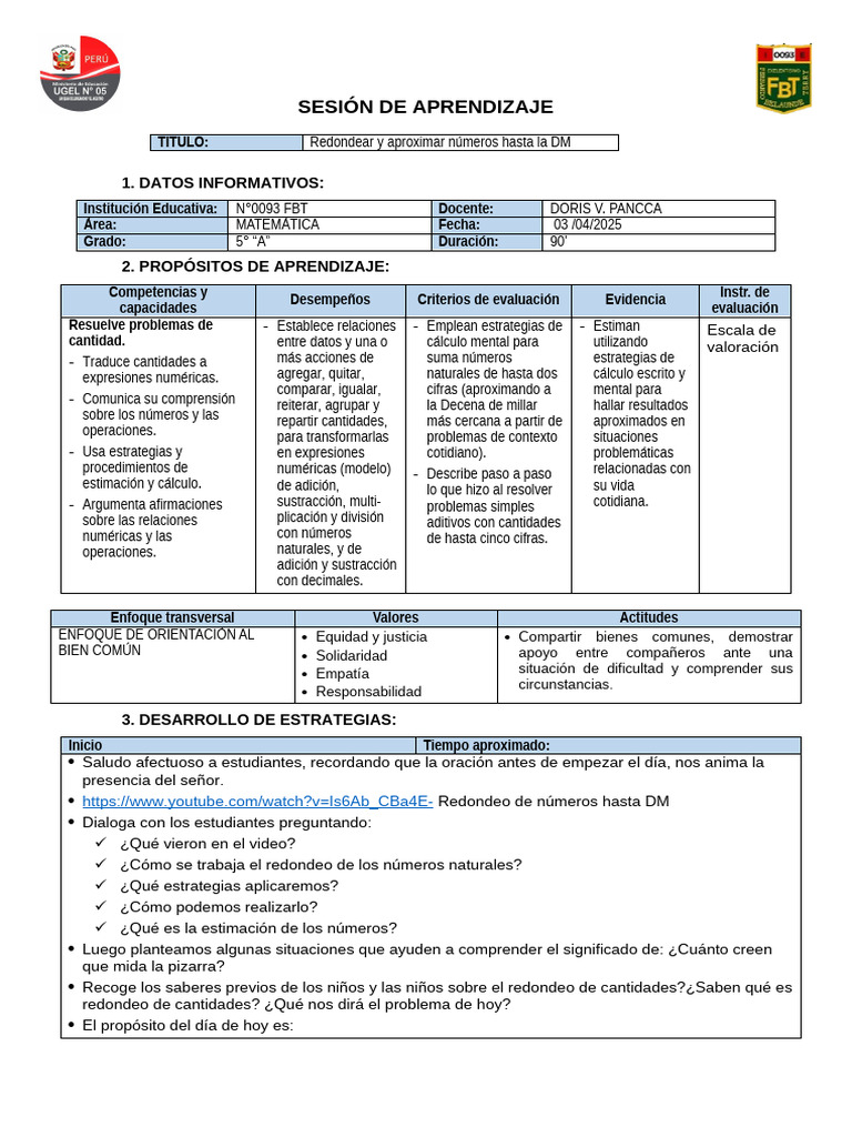 Sesión Mate 02 - Aproxi y Redondeo Dm. | PDF | Sustracción | Aprendizaje