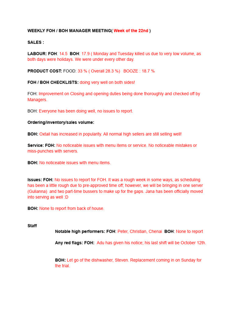 Weekly Restaurant Meeting Agenda | PDF