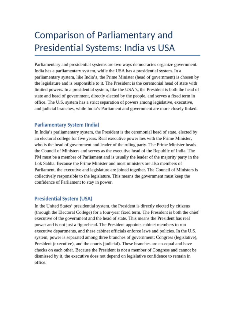 Parliamentary Vs Presidential India USA | PDF | World Politics ...