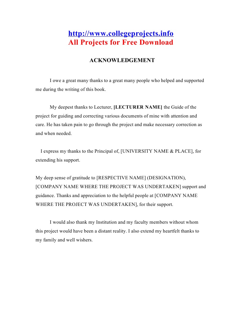 Acknowledgement Format For The Project Pdf Art