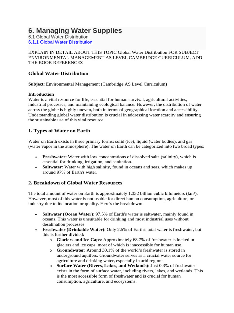 Global Water Distribution Overview | PDF | Water Scarcity | Fresh Water