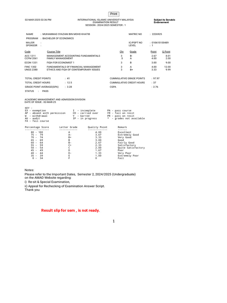 Result Slip Semester 1 24 - 25 | PDF | Educational Assessment And ...