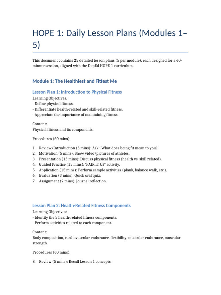 HOPE 1: Comprehensive Lesson Plans | PDF | Physical Fitness | Lesson Plan